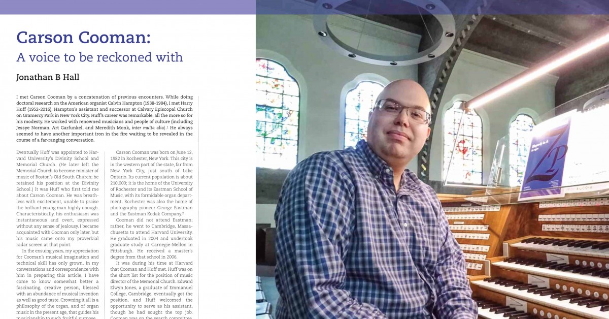 The Organ Magazine Spotlights Carson Cooman | Divine Art Recordings